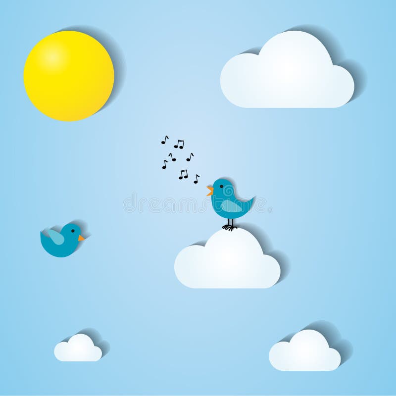 Sky Illustration Birds, Clouds and Sun Stock Vector - Illustration of ...