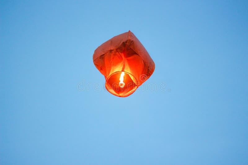 Sky Lantern with Burning Fire. Blue Sky Stock Photo - Image of lanterns ...