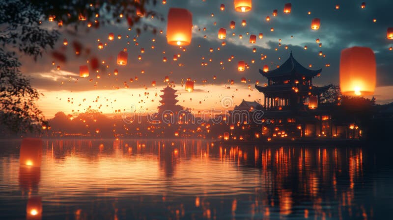 Sky Lanterns Float Over Water Sunset Festival Stock Photos - Free ...
