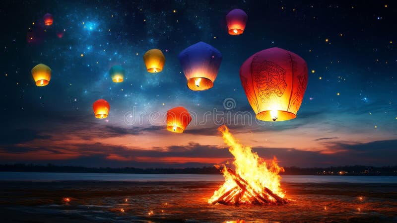 Sky Lanterns Floating Above a Bonfire on a Starry Night Stock ...