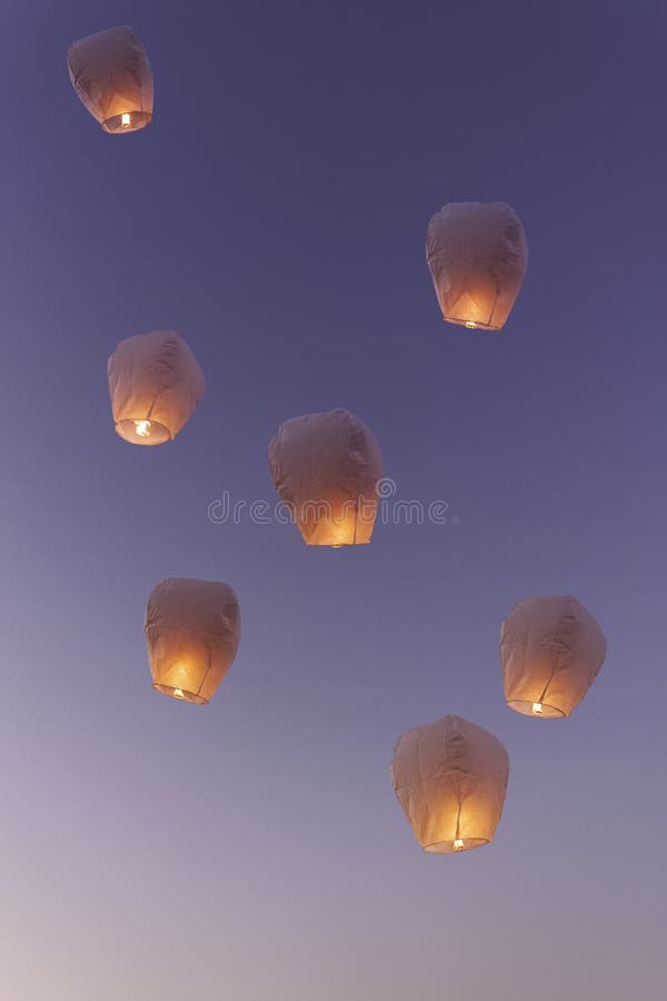 Sky Lanterns Flying Upwards Stock Photo - Image of twilight, fire: 53085680