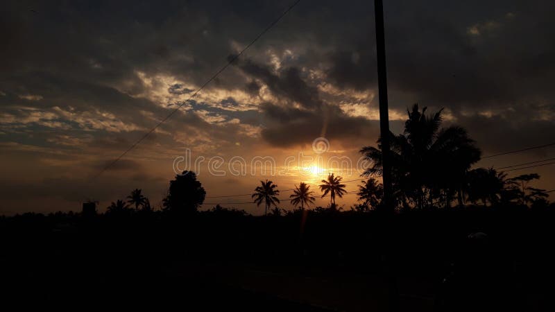 Sky with Orange Sunlight with Overcast Clouds and Silhouettes of Trees ...