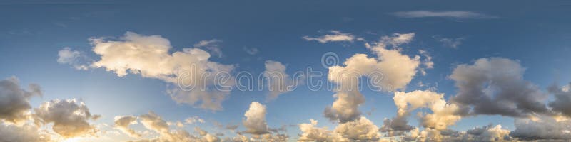 Dark Blue Sunset Sky Panorama with Cumulus Clouds. Seamless Hdr Pano in ...