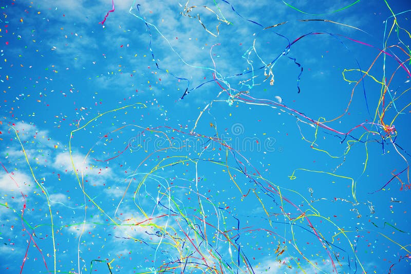 Sky in Party with Confetti and Streamers Stock Image - Image of blue ...