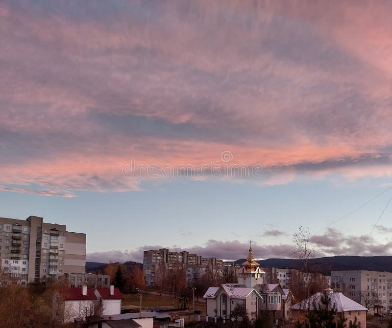 Sky Pink Town Ukraine Autumn Editorial Stock Image - Image of sunset ...