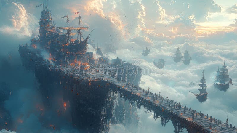 Sky Pirate Base Built on Massive Floating Island with Ships in Clouds ...