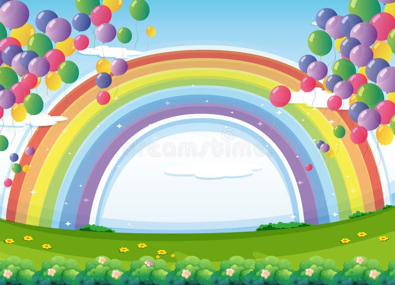 A Sky with a Rainbow and Colorful Floating Balloons Stock Illustration ...