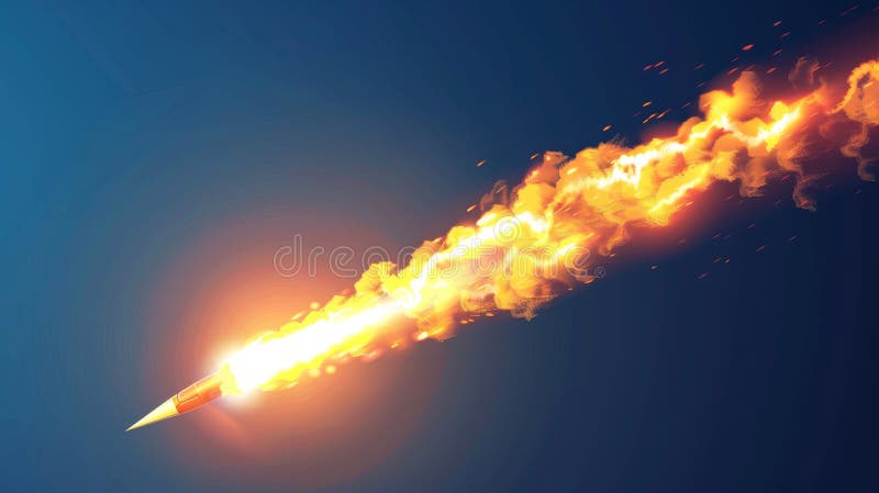 In the Sky, a Rocket Launch Smoke Trail with Fire Flame Modern Appears ...