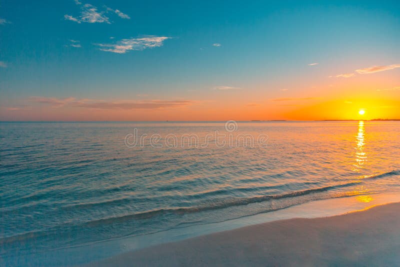 Sky Sea Sunset, Inspirational Seascape. Calm Sea Waves, Blue Orange Sky ... Sky Sea Sunset, Inspirational Seascape. Calm Sea Waves, Blue Orange Sky ...