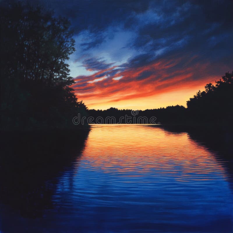 The Sky is Set Ablaze by the Sunset, Its Hues Mirrored in the Calm Lake ...