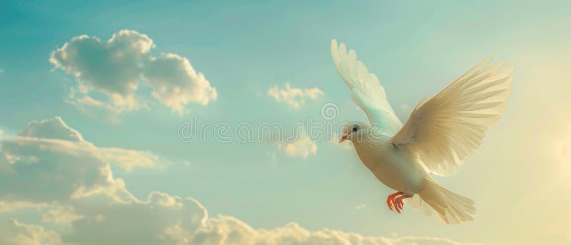 Dove of the Holy Spirit Flying in Blue Sky, Bright Light from Heaven ...