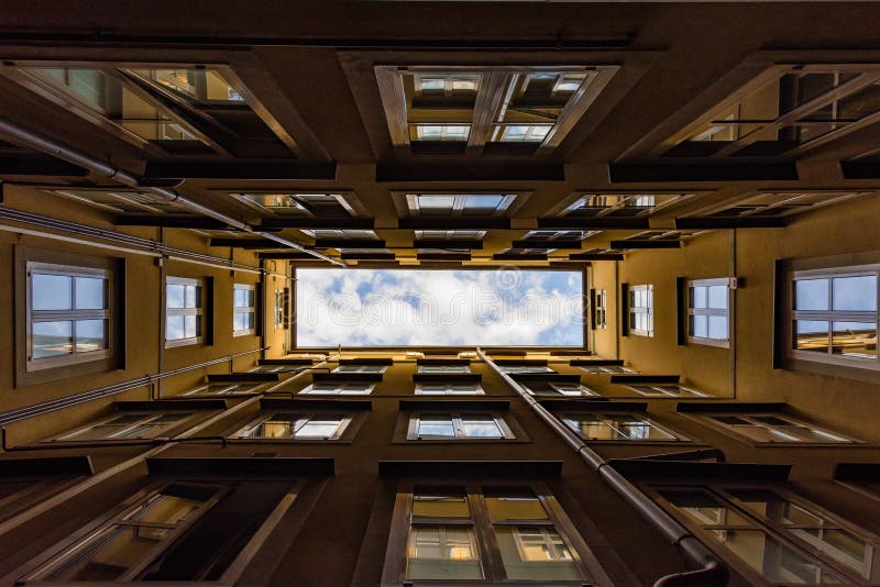Sky View from the Bottom of the Courtyard of the Building, Forming a ...