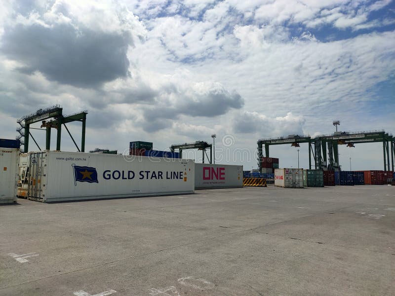 Sky view at container yard editorial stock photo. Image of transport ...