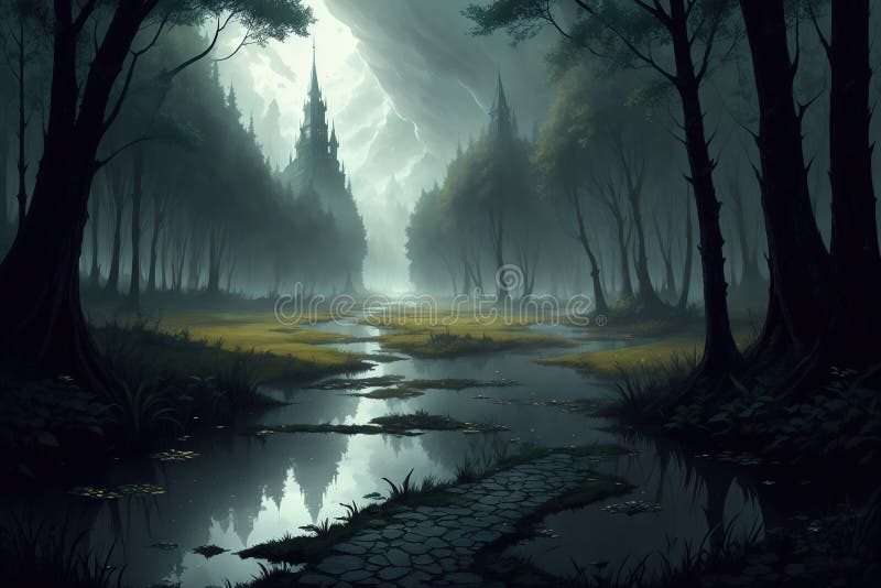 Sky View, Horizon, a Path in a Dark Swamp Stock Illustration ...