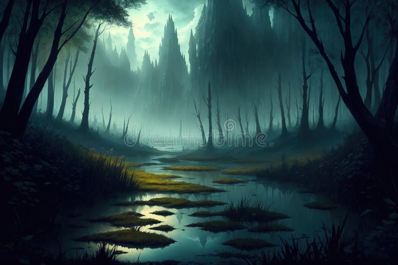 Sky View, Horizon, a Path in a Dark Swamp Stock Illustration ...