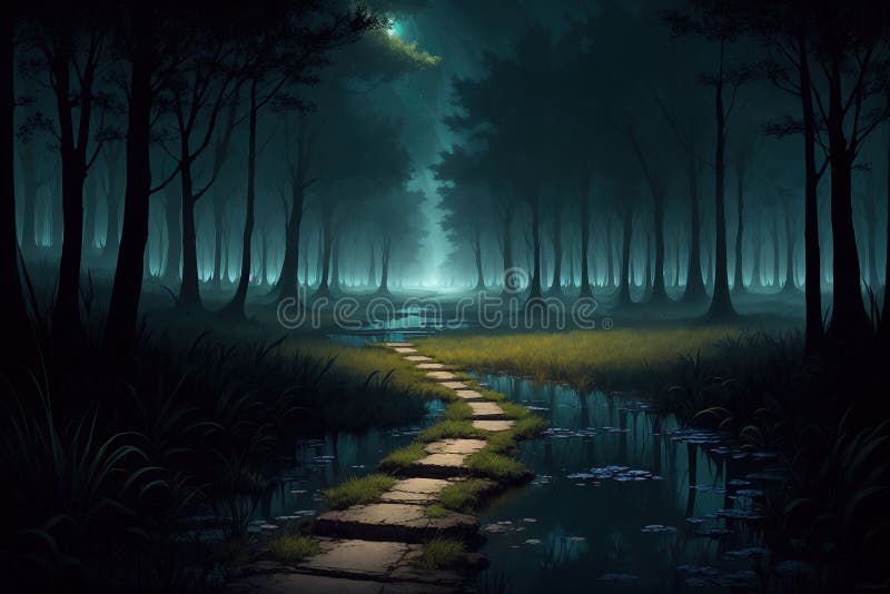 Sky View, Horizon, a Path in a Dark Swamp Stock Illustration ...