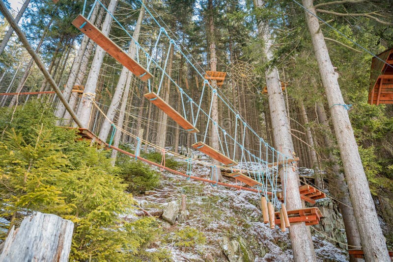 Sky Walk in the Forrest. Rope or Monkey Park in Winter. Stock Photo ...
