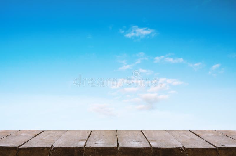 Wooden table, blue sky stock photo. Image of design - 271342098
