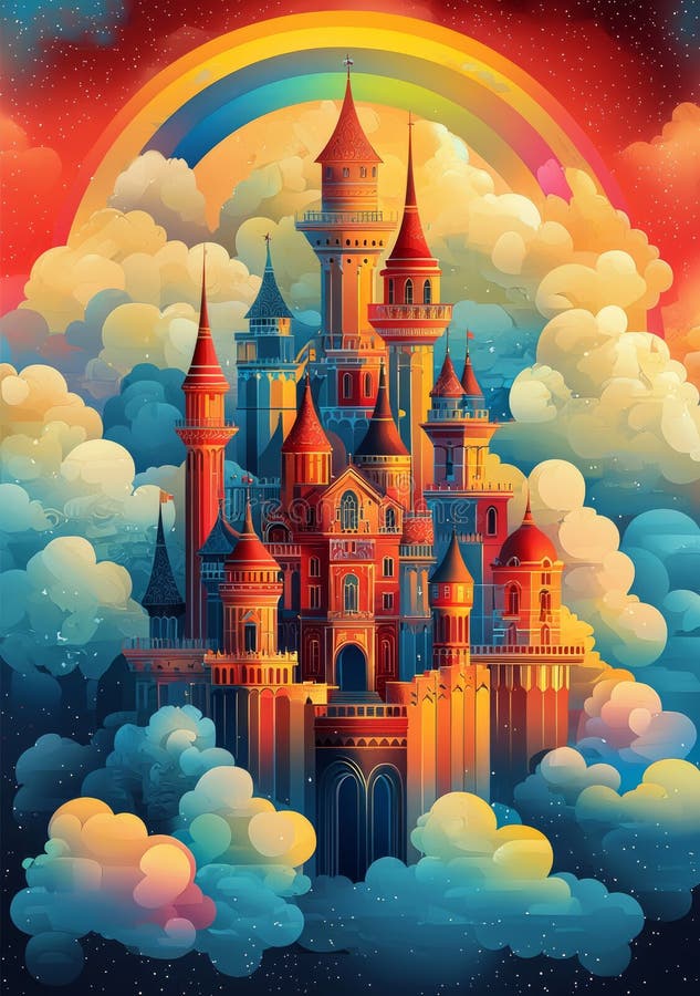 Sky World with Castles on Clouds and Rainbow Bridges Stock Photo ...