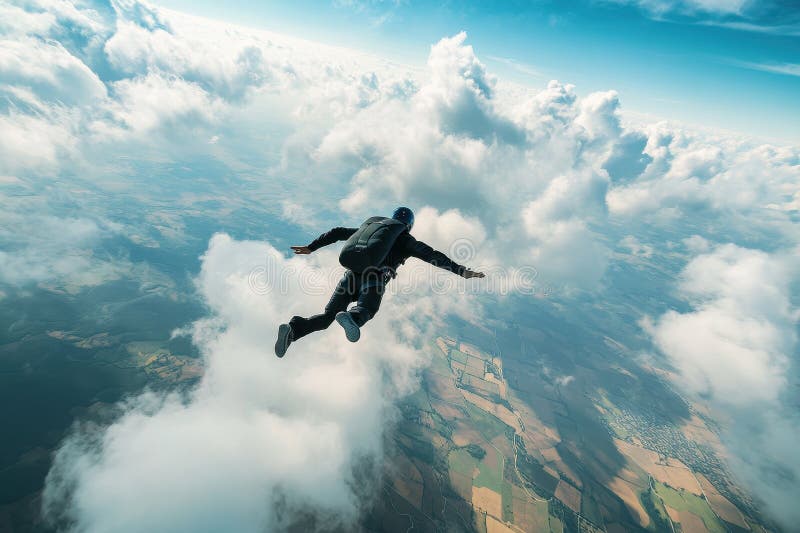 A Skydiver Free-falling through Clouds Above a Scenic Landscape Stock ...