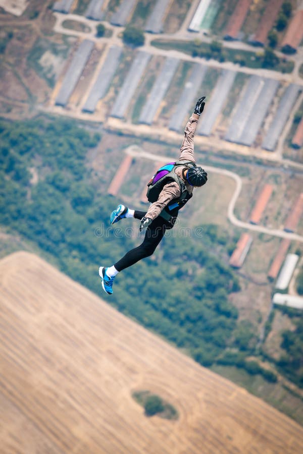 Skydiver Free Falling Upside Down Portrait View from Below Stock Image ...
