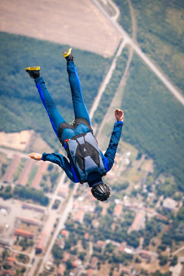 Skydiver Free Falling Upside Down Portrait View from Below Stock Image ...