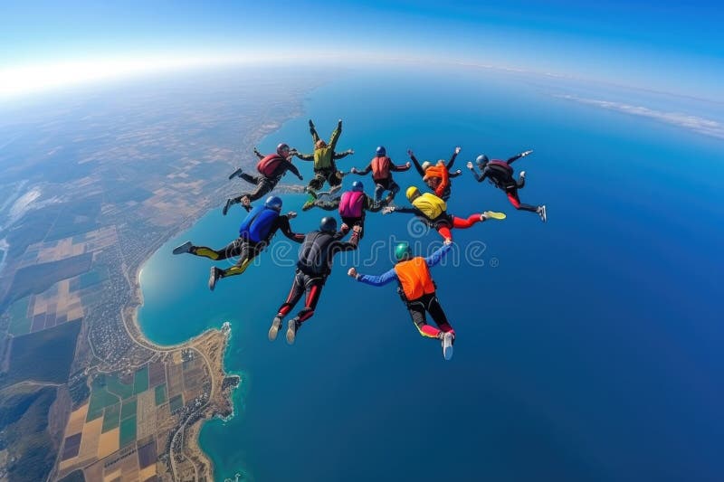 Skydiving Group Over the Sea, Top View Stock Photo - Image of water ...