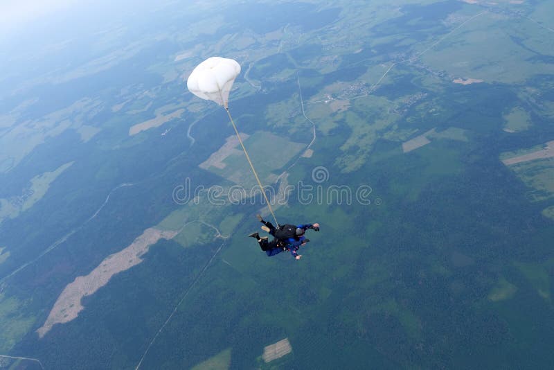 Skydiving. Tandem is Falling Above Ground. Stock Image - Image of edge ...