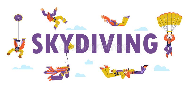 Skydiving Typographic Header with People Jumping with Parachute, Flat ...