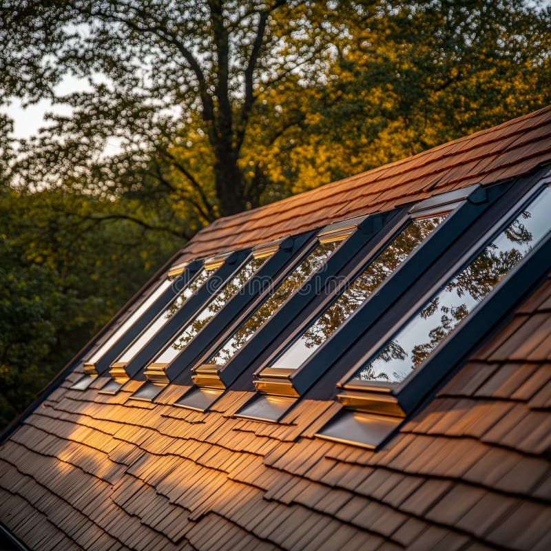 Skylight Windows on Sloped Roof Reflecting Trees at Sunset Stock Image ...