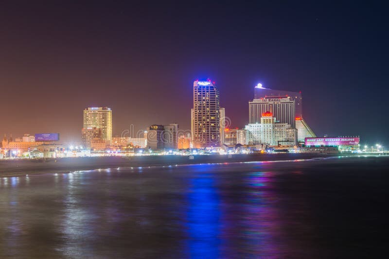 The Skyline and Atlantic Ocean at Night, in Atlantic City, New Jersey ...