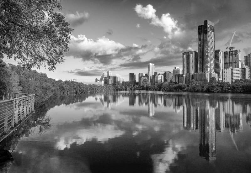Skyline of Austin with Reflection in River in Early Morning Stock Photo ...