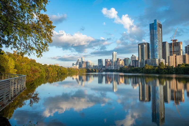 Skyline of Austin with Reflection in River in Early Morning Stock Photo ...