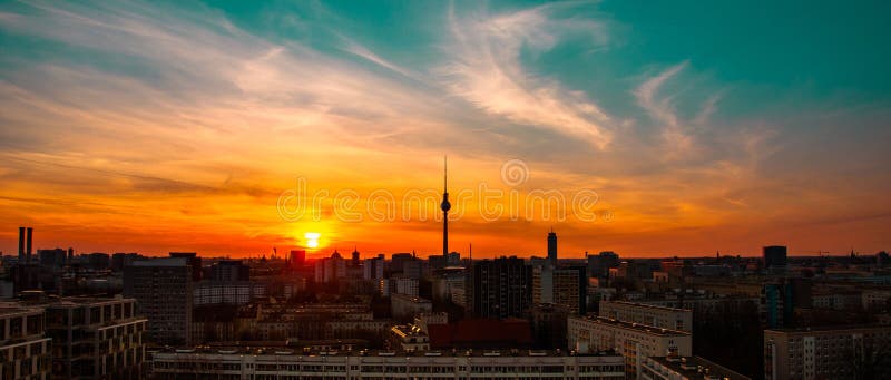 Skyline of Berlin at Sunset Time Stock Photo - Image of landmark ...