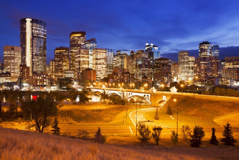 Skyline of Calgary, Alberta, Canada at Night Stock Photo - Image of ...