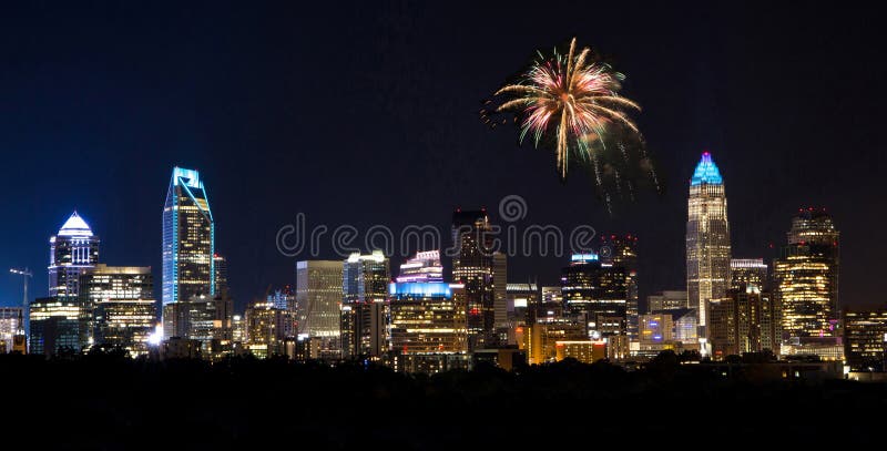 Skyline of Charlotte, North Carolina, with Fireworks Stock Image ...
