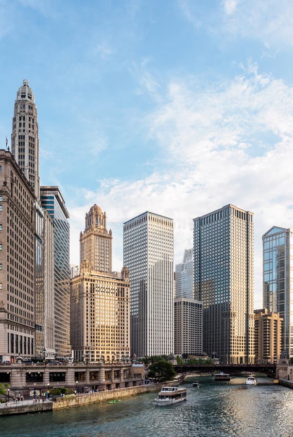 Skyline of Chicago, Along the Chicago River. Stock Image - Image of ...