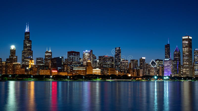 The Skyline of Chicago at Night Stock Photo - Image of district, lights ...