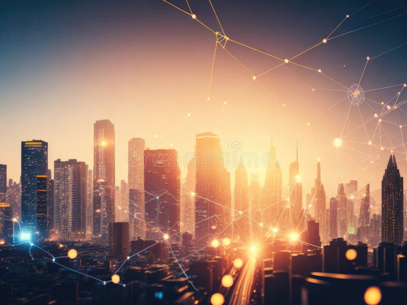 Skyline of City with Network Internet Conection. Ai Generative Stock ...