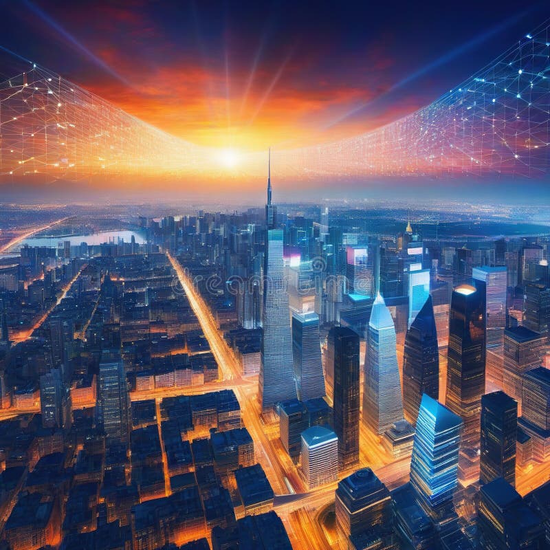 Skyline of City with Network Internet Technology and Comunication Stock ...