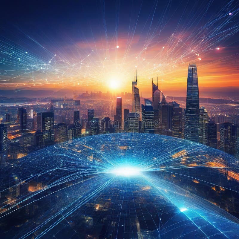 Skyline of City with Network Internet Technology and Comunication Stock ...