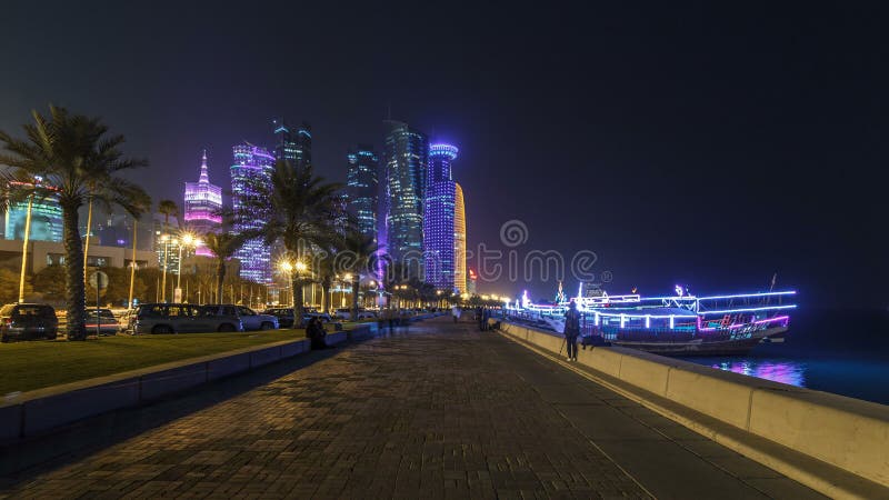The Skyline of Doha by Night with Starry Sky Seen from Corniche ...