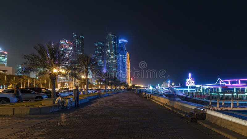 The Skyline of Doha by Night with Starry Sky Seen from Corniche ...