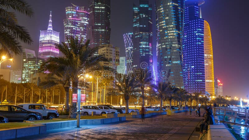 The Skyline of Doha by Night with Starry Sky Seen from Corniche ...
