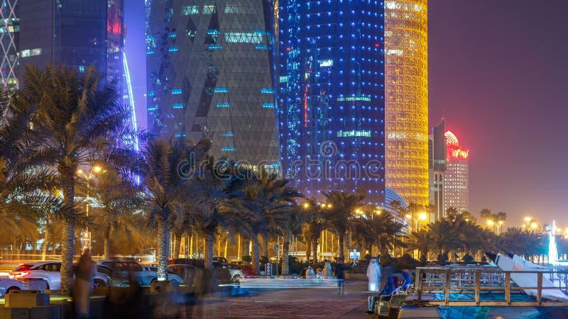 The Skyline of Doha by Night with Starry Sky Seen from Corniche ...