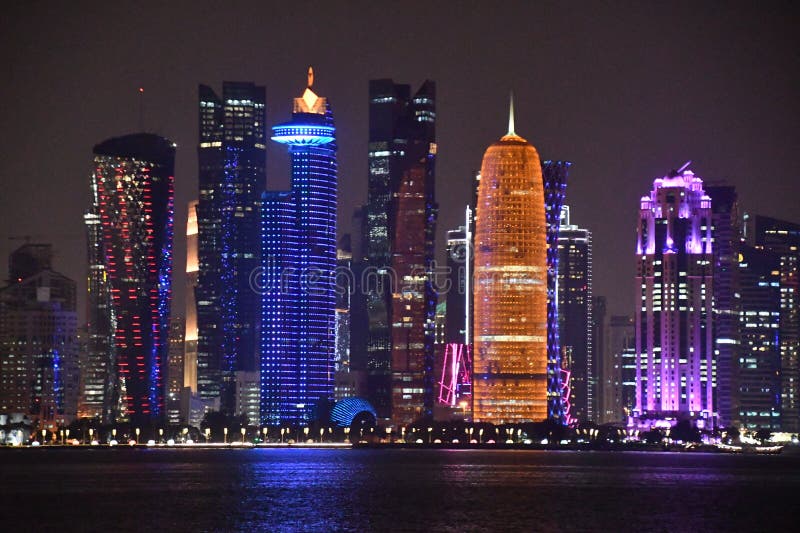 Skyline of Doha, Qatar, at Night Editorial Photography - Image of ...