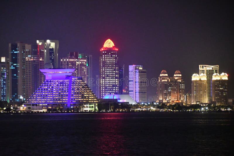 Skyline of Doha, Qatar, at Night Stock Photo - Image of building ...
