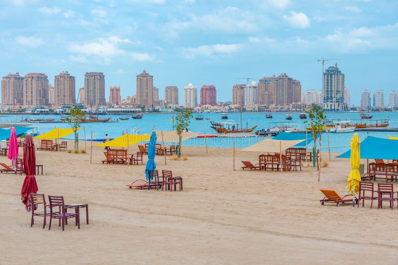 Skyline of Doha Viewed Behind Katara Beach, Qatar Stock Image - Image ...