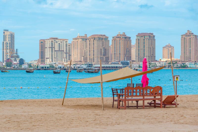 Skyline of Doha Viewed Behind Katara Beach, Qatar Stock Image - Image ...