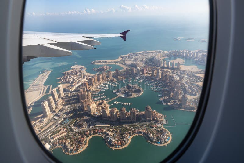 Skyline Of Doha From The Window Of An Airplane Stock Photo - Image of ...
